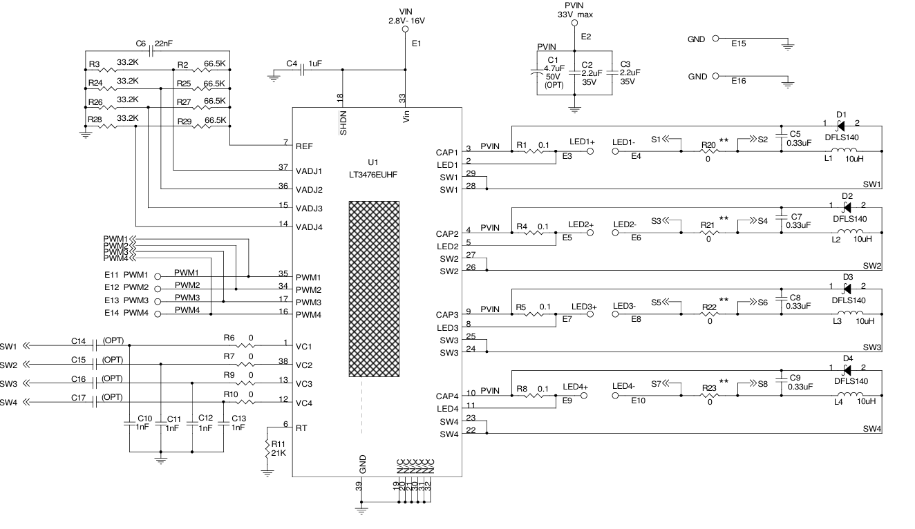 LT3476EUH四通道高功率LED驱动演示板