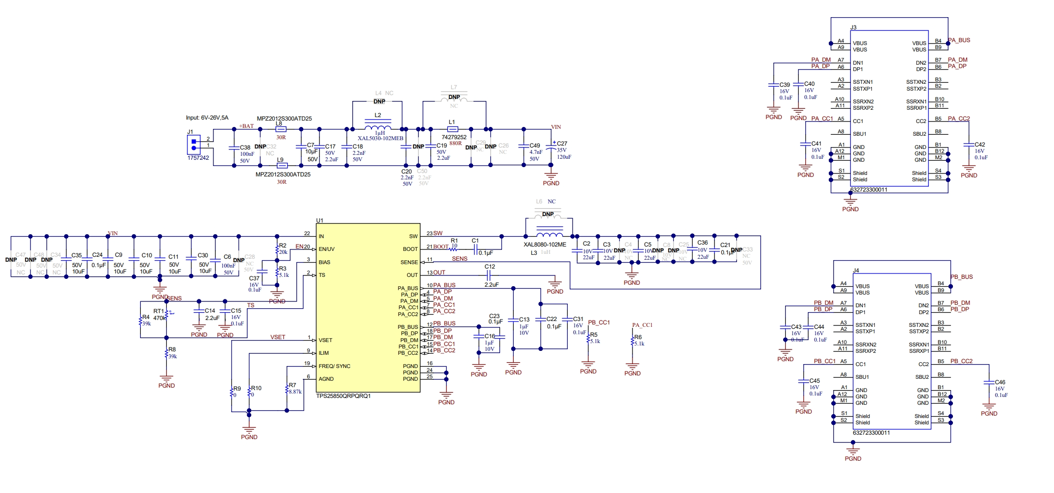 CISPR 25 5 类 2.2MHz 额定功率 30W 的汽车类双路 USB Type-C? 充电器参考设计