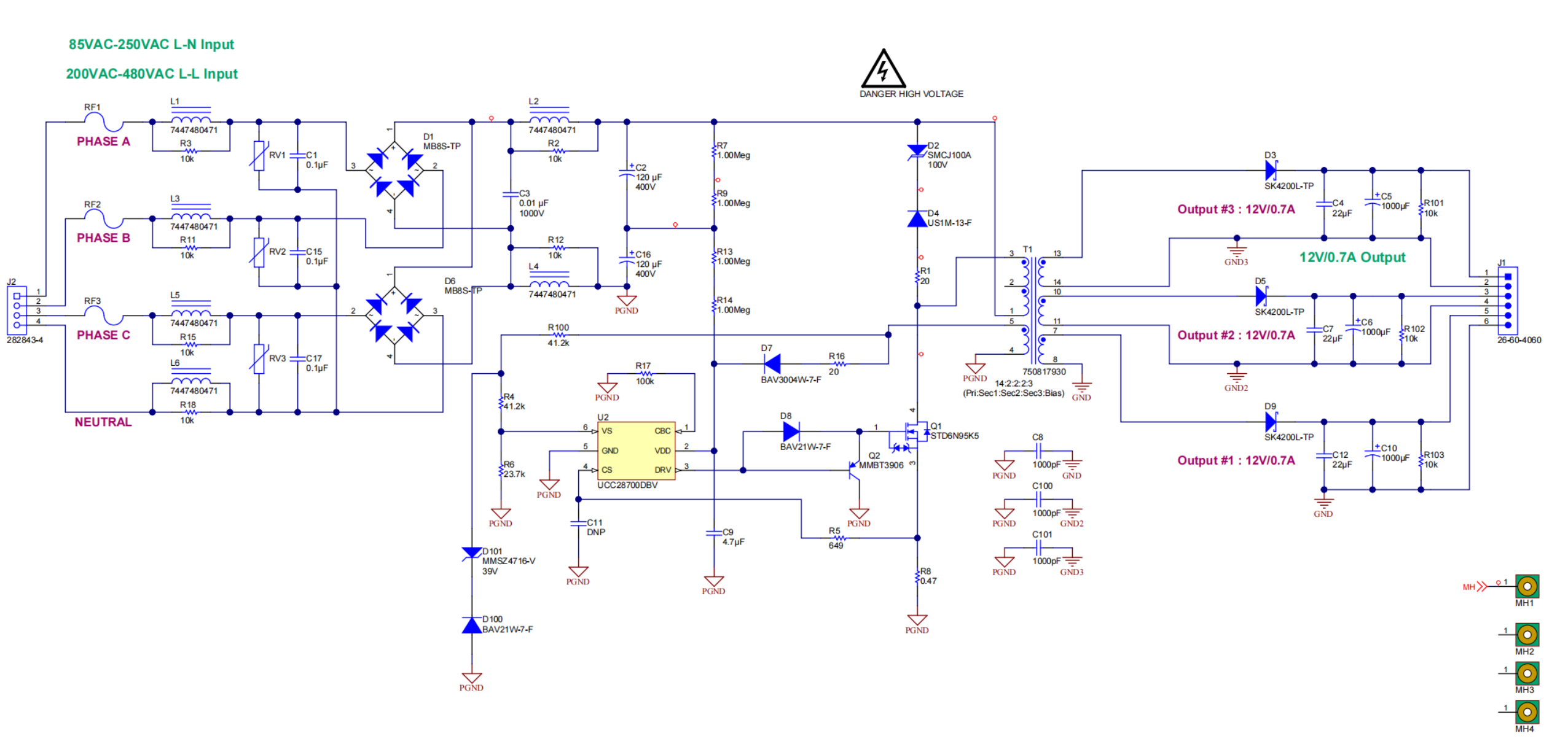 85-480VAC 输入、三路输出 (12V/0.7A) AC/DC 反激参考设计