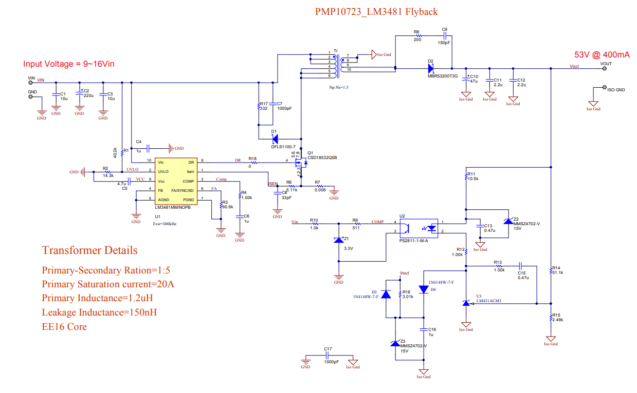 采用 LM3481 的隔离式 53V/400mA 输出反激解决方案参考设计