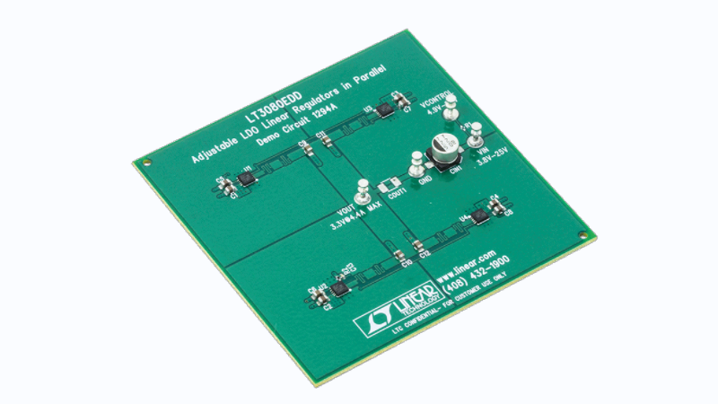 LT3080EDD演示板 | LT3080(x4)，并联单电阻LDO，3.8V ≤ VIN ≤ 25V，VOUT = 3.3V (4.4A)
