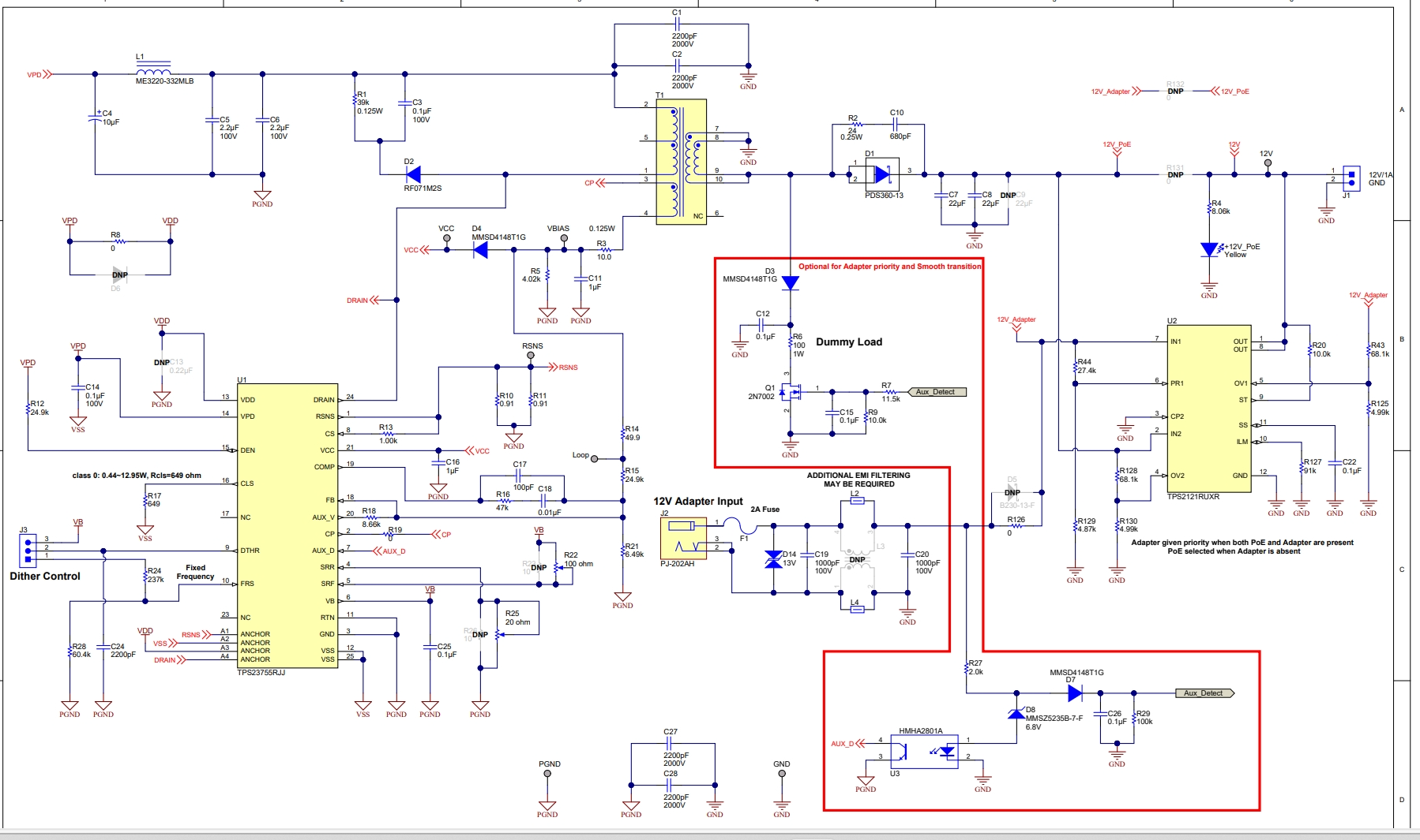 适用于 IP 网络摄像头的 IEEE802.3at 1 类 PoE 和 12V 适配器输入至负载点参考设计