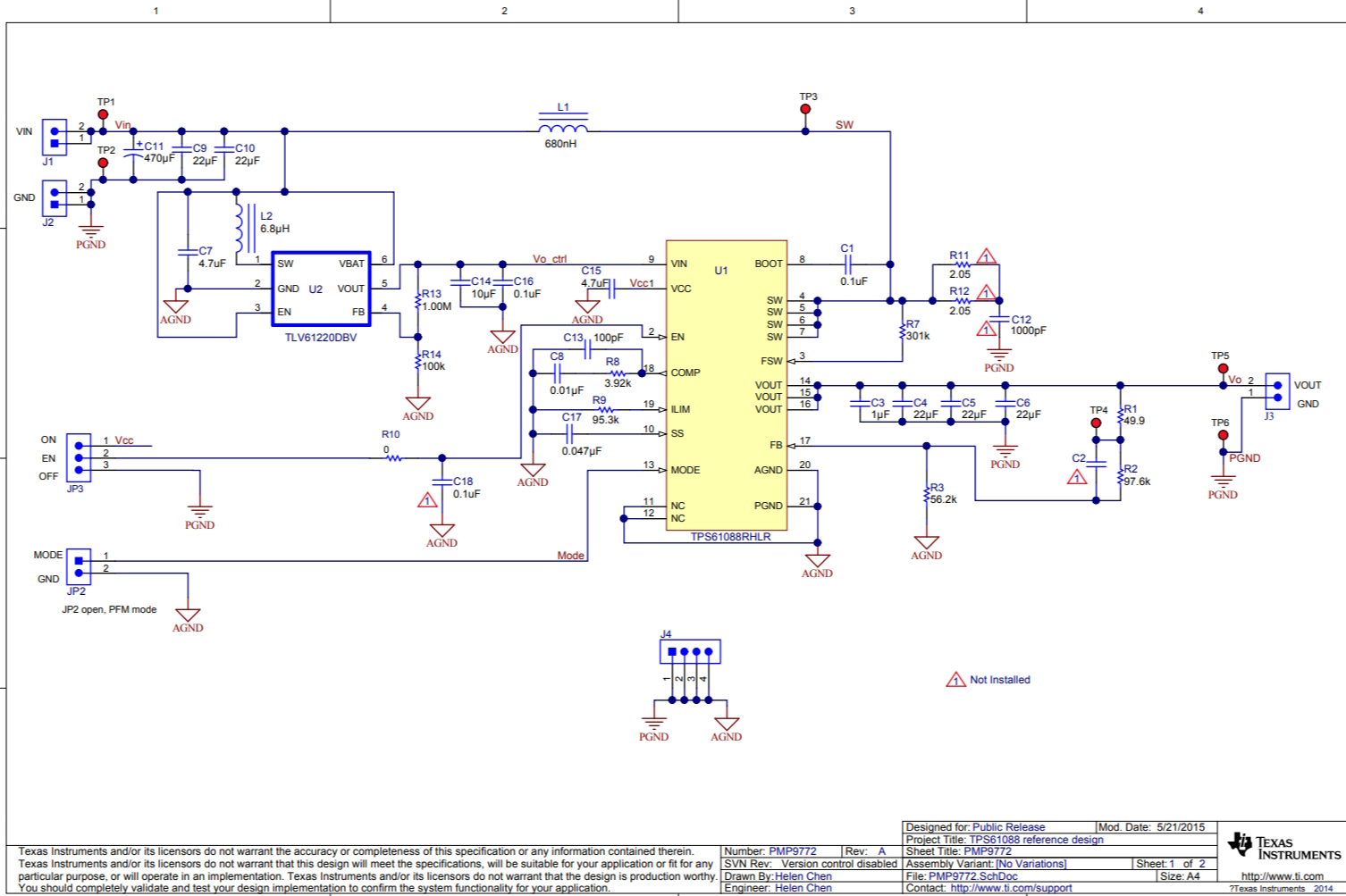 采用 TPS61088 的低输入电压高电流升压转换器参考设计