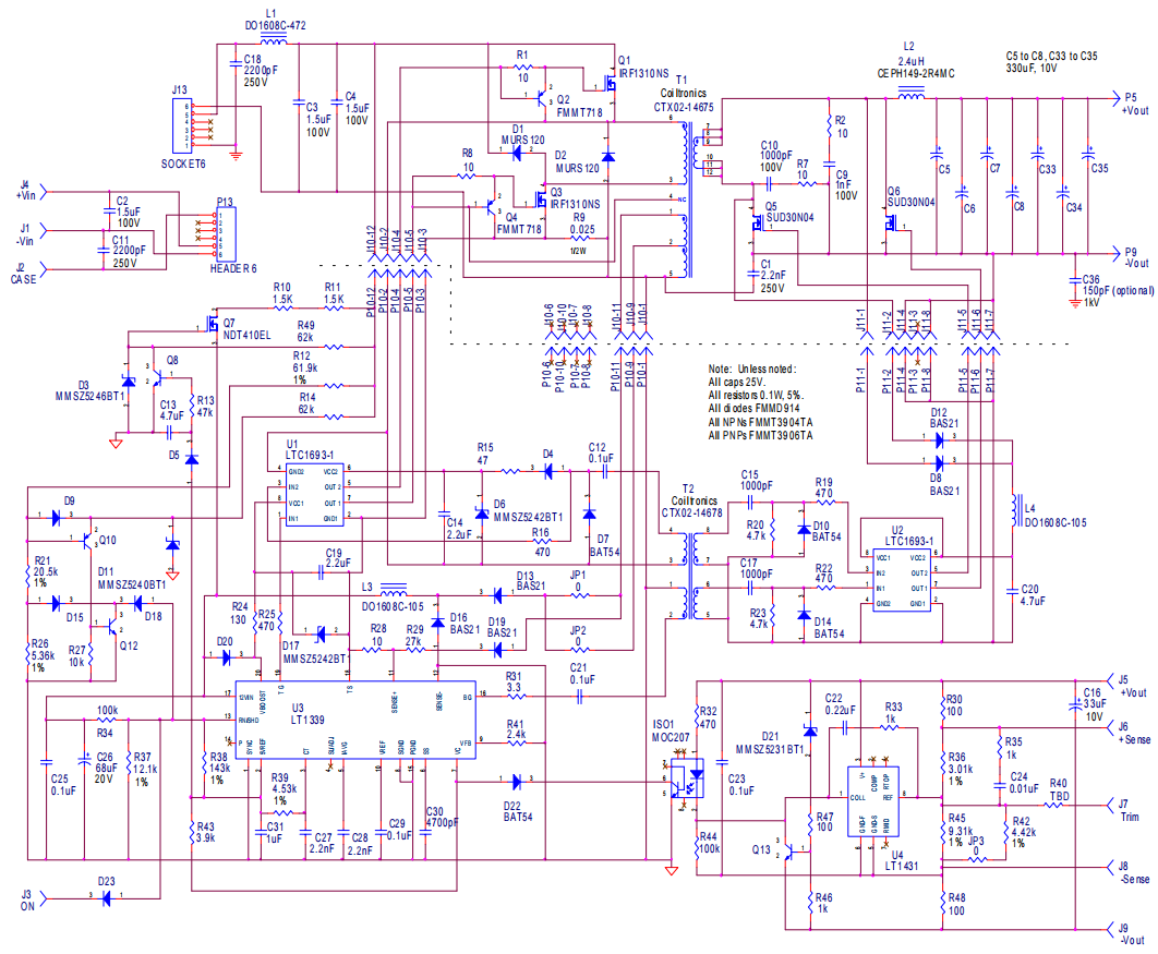 LT1339、LTC1693、LT1431隔离式演示板 | 电信模块，36至 72VIN， 5V 或 3.3VOUT (10A)