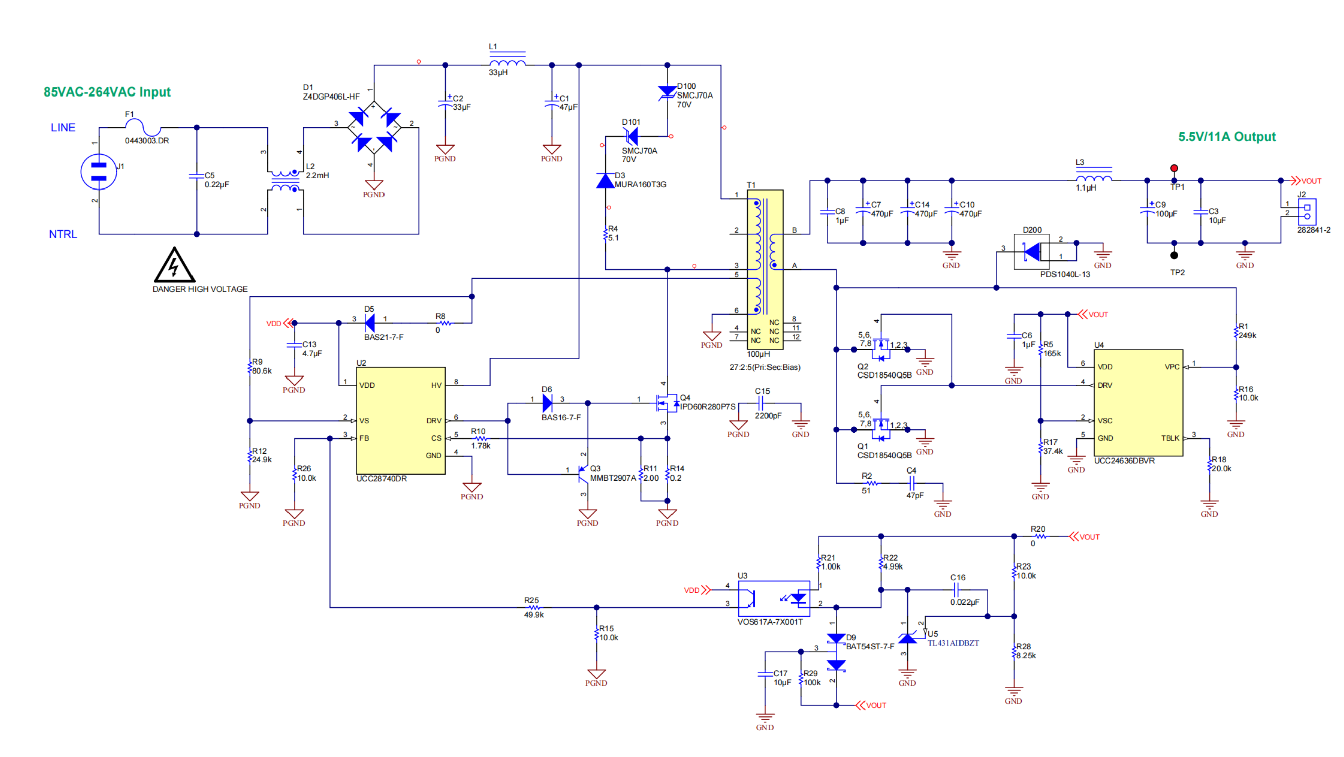 5.5V/11A 输出同步反激通用交流输入参考设计