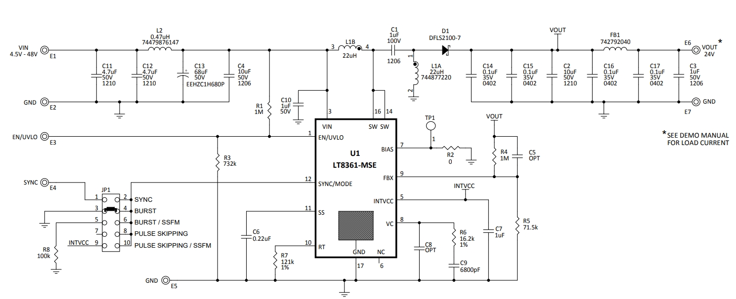LT8361 低 IQ 升压/SEPIC/反相转换器演示板 | VIN = 4.5V至48，VOUT= 24V（高达600mA））