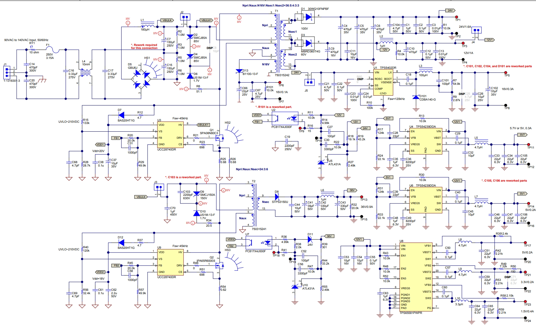 十路输出 QR 反激和降压转换器参考设计