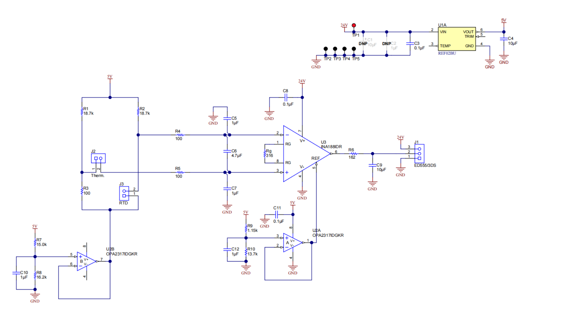 具有基于 RTD 的冷端温度补偿功能的单电源热电偶放大器参考设计