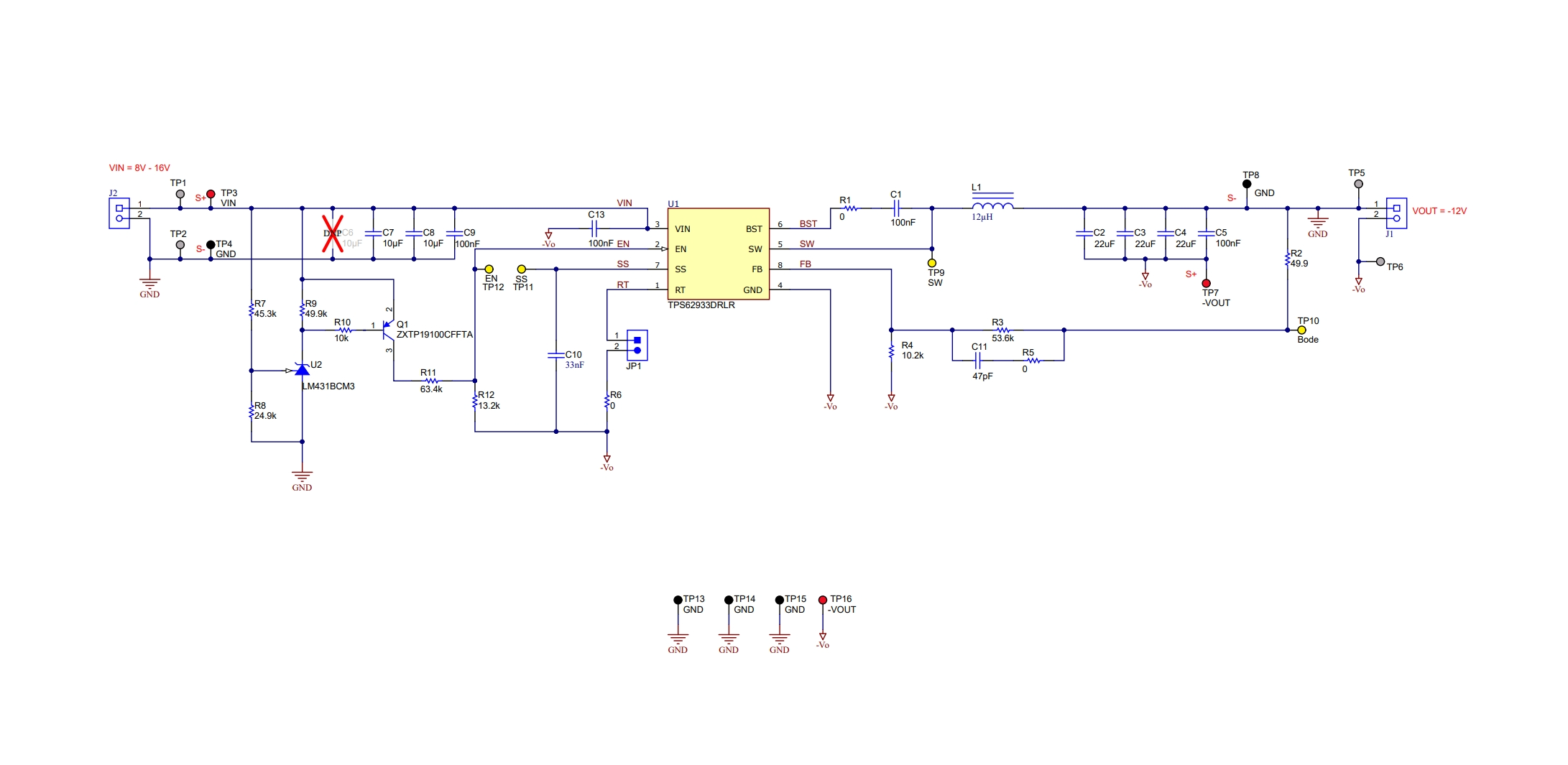 8V 至 16V 输入、1.2A、–12V 反相电源参考设计