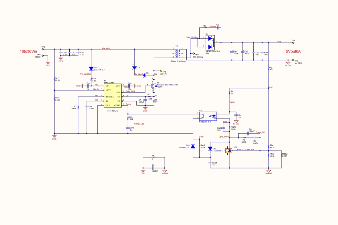 采用 LM5022 和平面变压器的单输出隔离式反激转换器